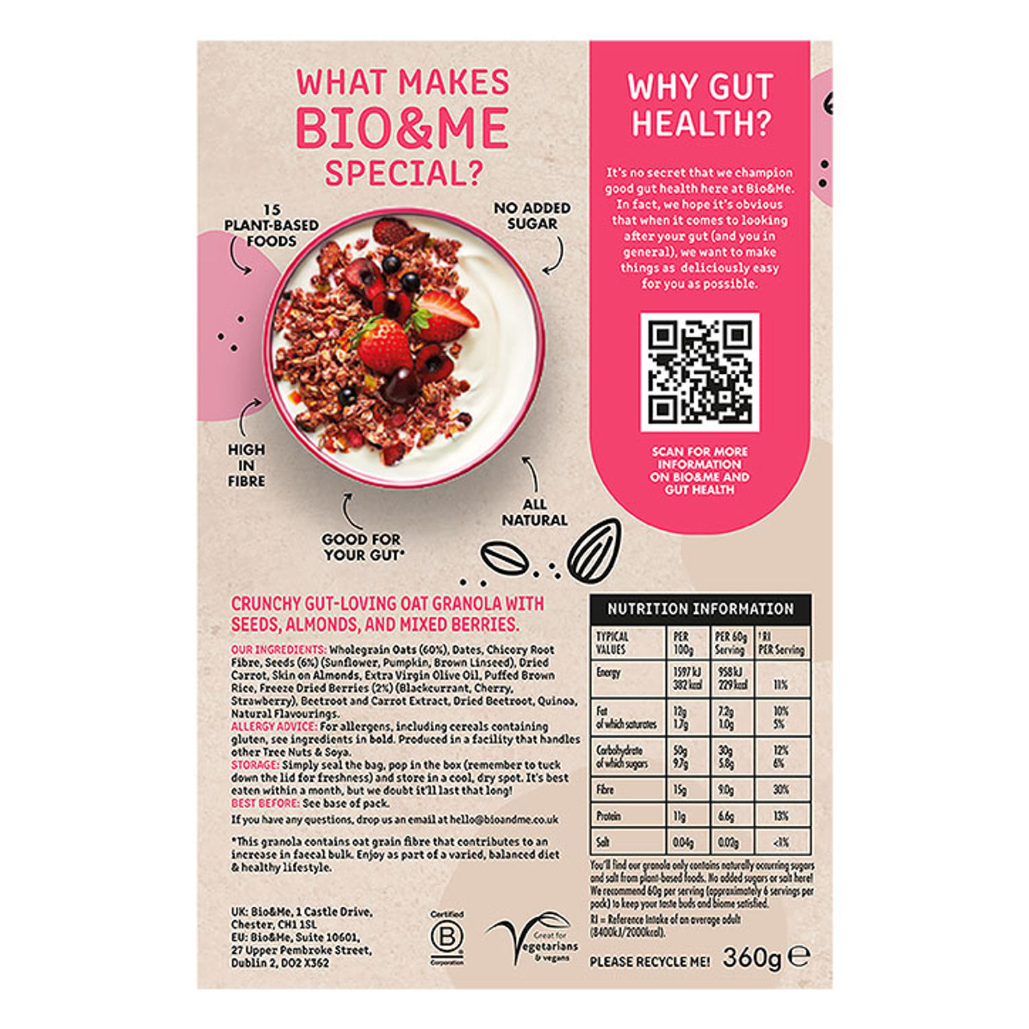 Bio&Me Raspberry, Strawberry & Blueberry Gut-Loving Prebiotic* Granola ...