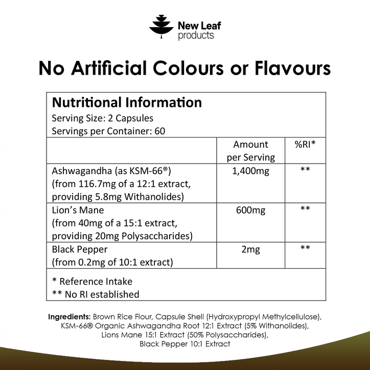 Ashwagandha & Lions Mane Capsules | New Leaf Products | H&B